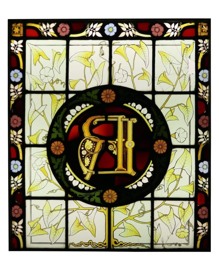 Reclaimed Victorian Leaded Glass Window with Monogram For Sale at 1stDibs