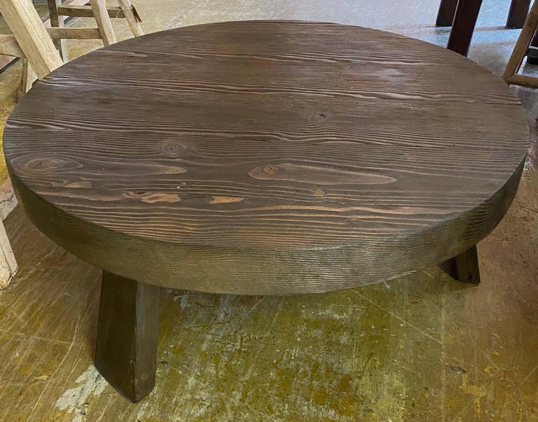 Reclaimed Wood Round Coffee Table with Three Legs at 1stDibs