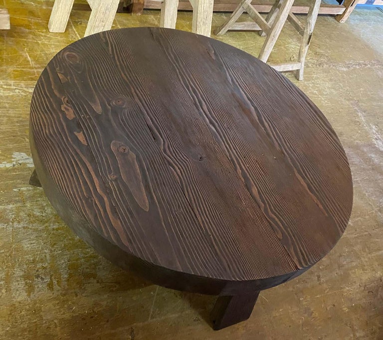 Reclaimed Wood Round Coffee Table with Three Legs at 1stDibs
