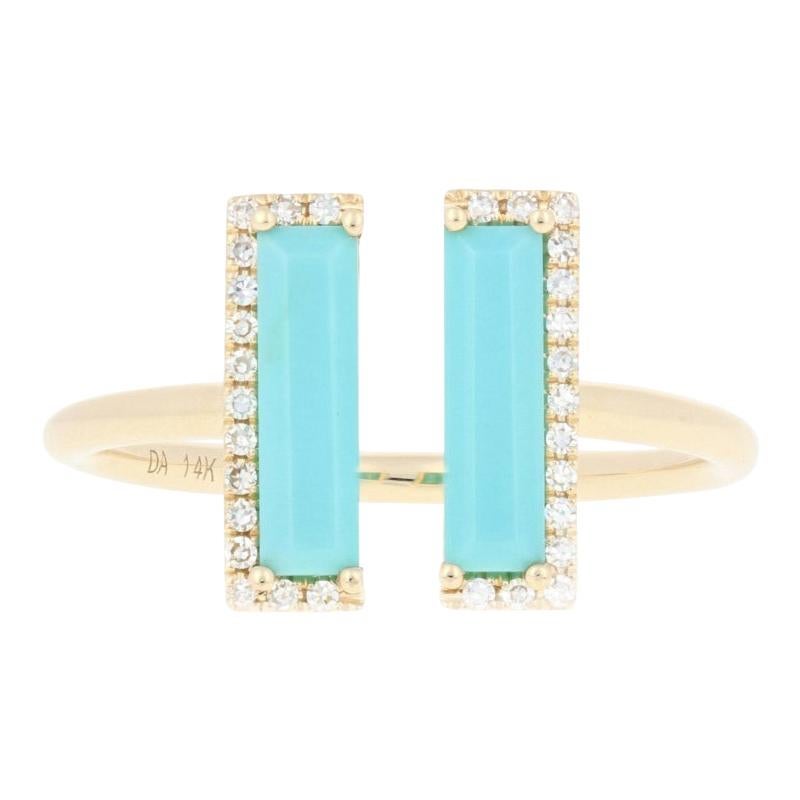 Rectangle Cut Turquoise and Diamond Open Ring, 14 Karat Yellow Gold ...