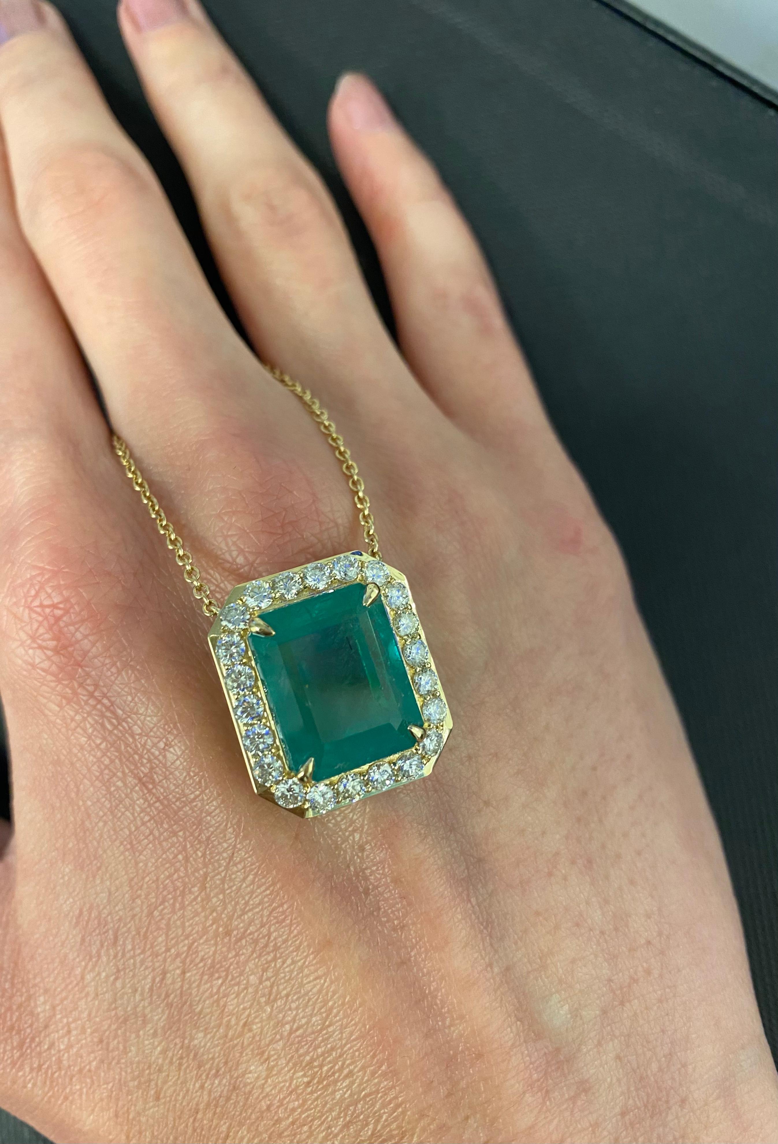 Rectangle Emerald Diamond Halo 18 Karat Yellow Gold Amulet Pendant Gem ...