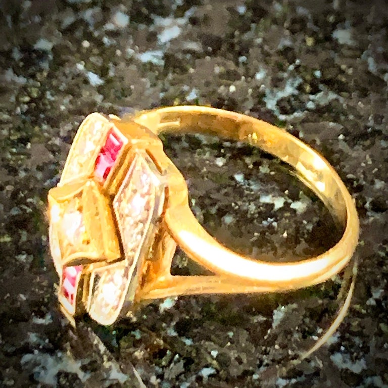 Rectangular 18 Carat Yellow Gold Art Deco Style Ruby and Diamond Ring ...