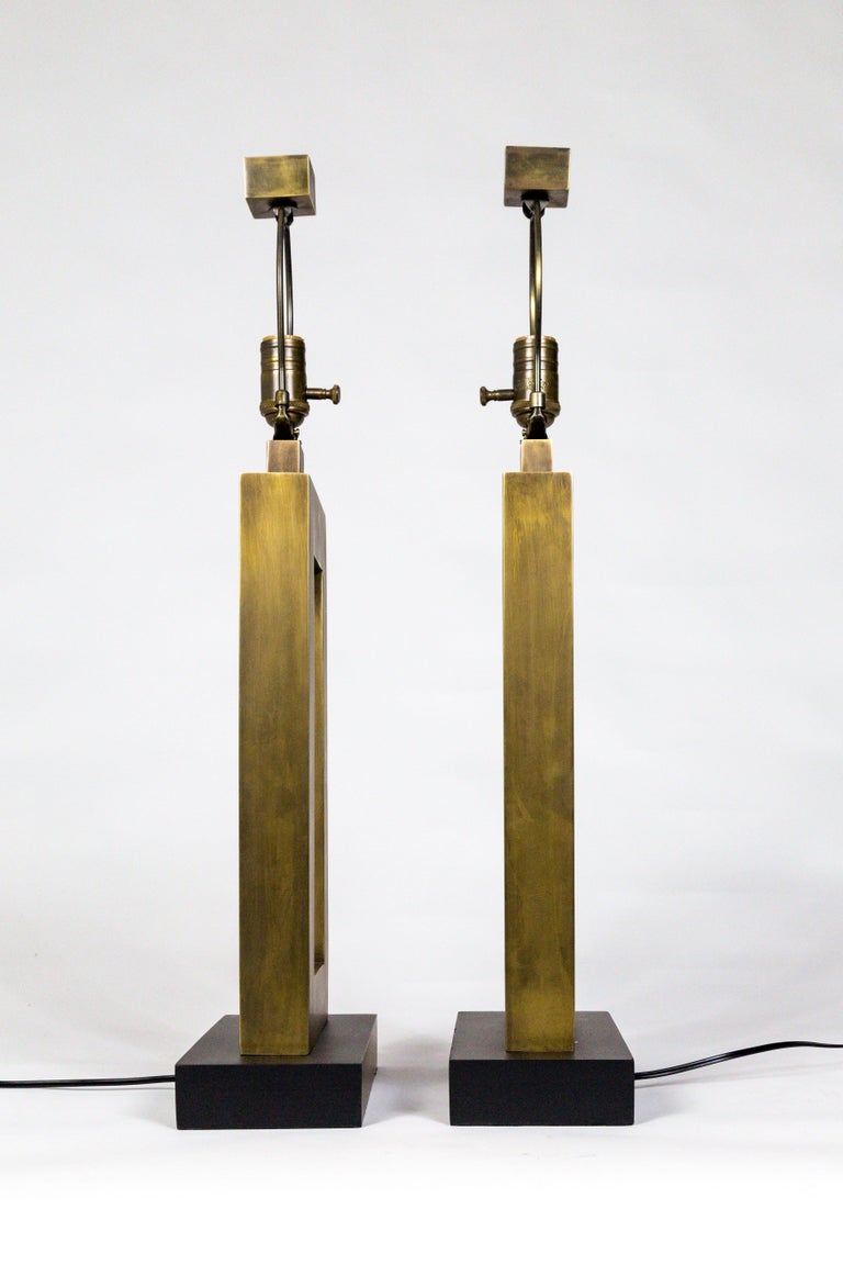 Rectangular Antiqued Brass Table Lamps, 'Pair' at 1stDibs