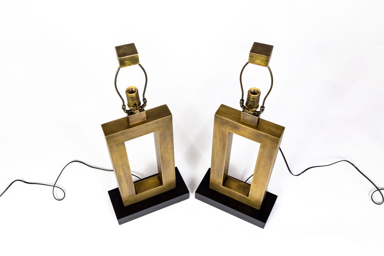 Rectangular Antiqued Brass Table Lamps, 'Pair' at 1stDibs