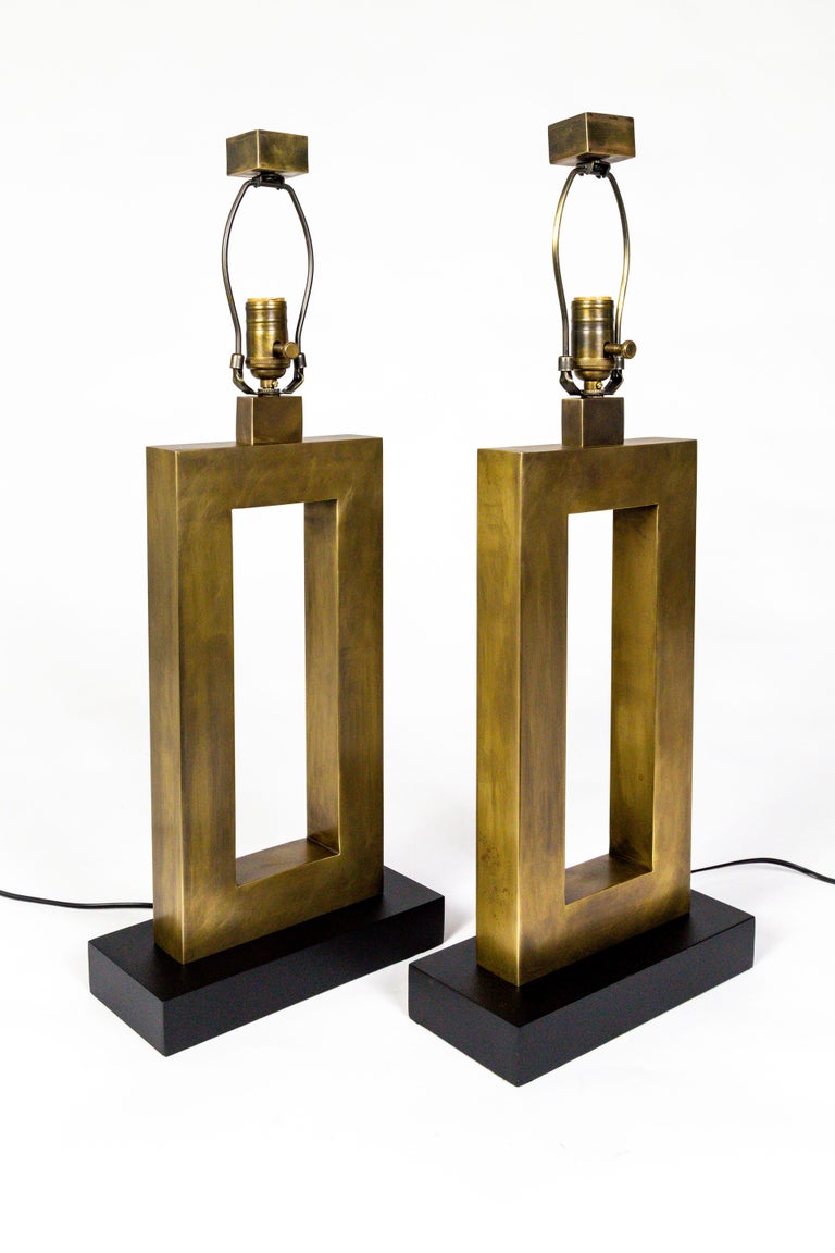 Rectangular Antiqued Brass Table Lamps, 'Pair' at 1stDibs