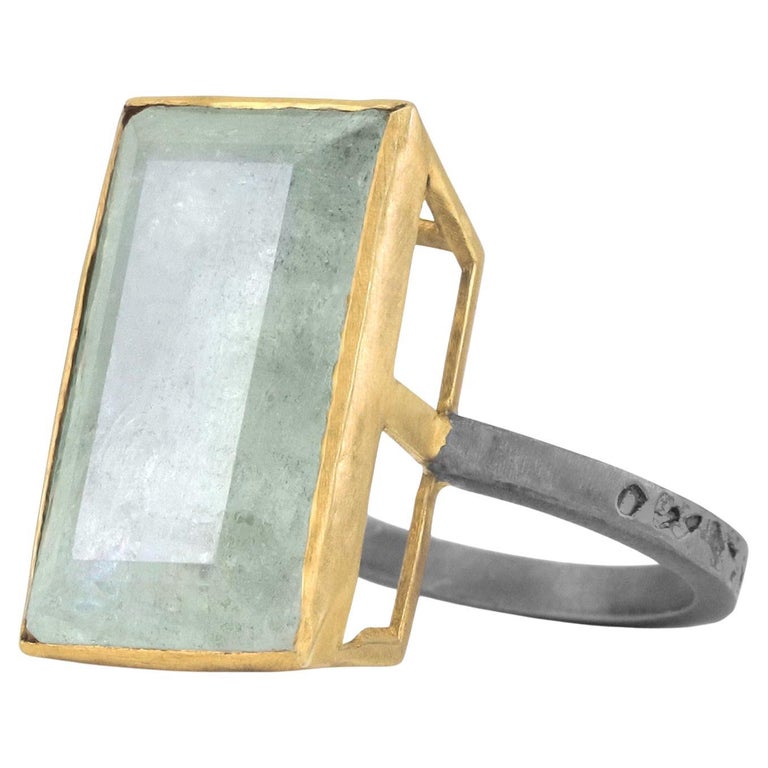 Rectangular Aquamarine Ring in 14k Yellow Gold and Oxidized Sterling ...