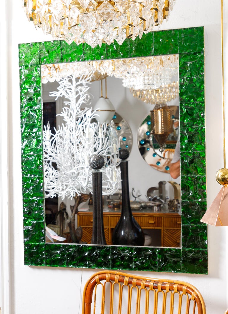 Rectangular Brass Mirror Featuring a Surround of Green "Ice" Glass ...