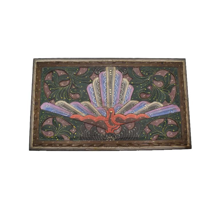 Rectangular Carved Wood Bird Motif Box with Hinged Lid and Batik ...