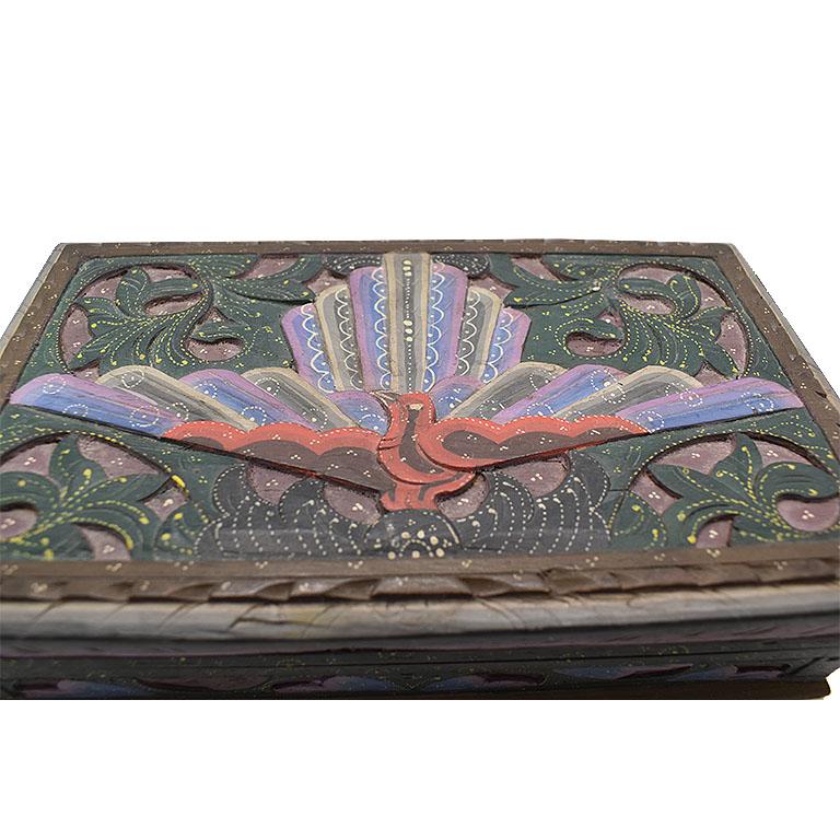 Rectangular Carved Wood Bird Motif Box with Hinged Lid and Batik ...