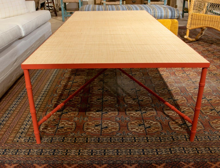 Rectangular Coffee Table with Iron Base Imitating Bamboo and Raffia Top ...