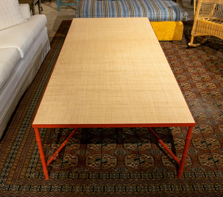 Rectangular Coffee Table with Iron Base Imitating Bamboo and Raffia Top ...