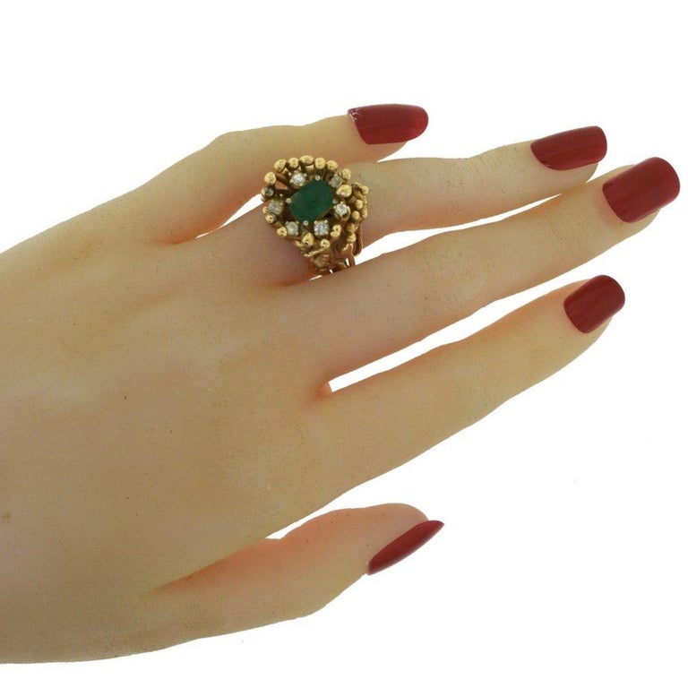 Rectangular Emerald and Diamond Yellow Gold Spike Ring For Sale (Free ...