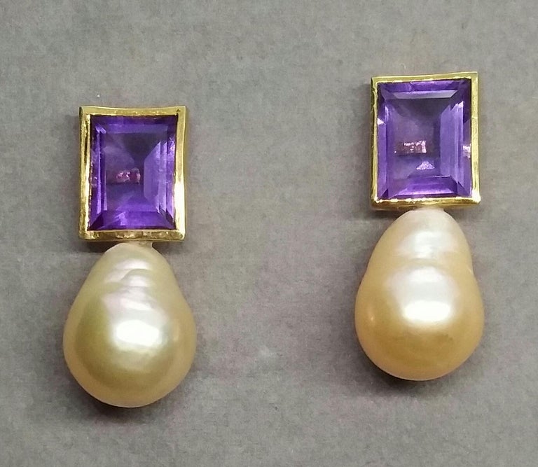 Rectangular Faceted Amethyst 14 K Yellow Gold Cream Baroque Pearls Stud ...
