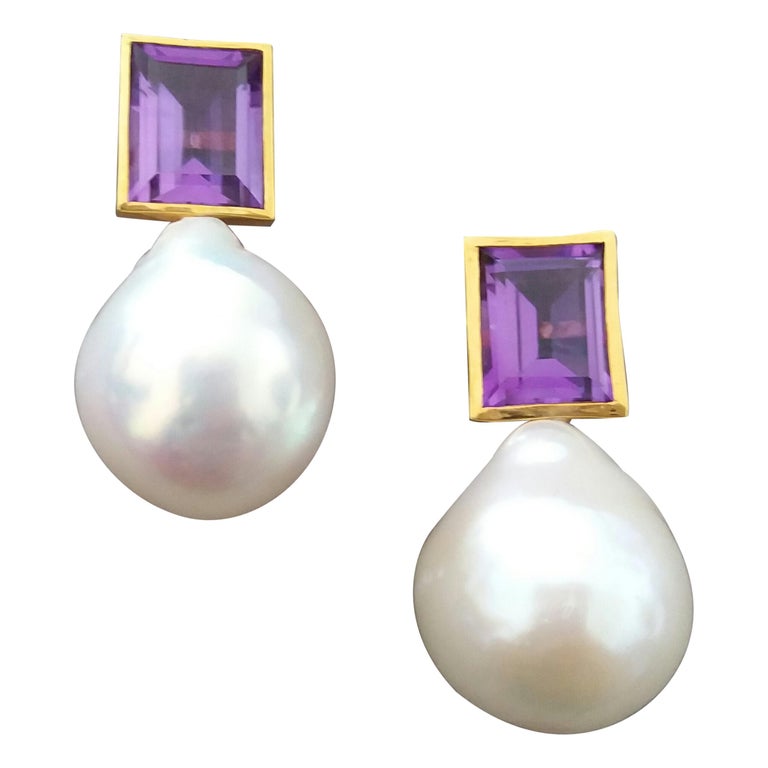 Rectangular Faceted Amethyst 14 K Yellow Gold White Baroque Pearls Stud ...