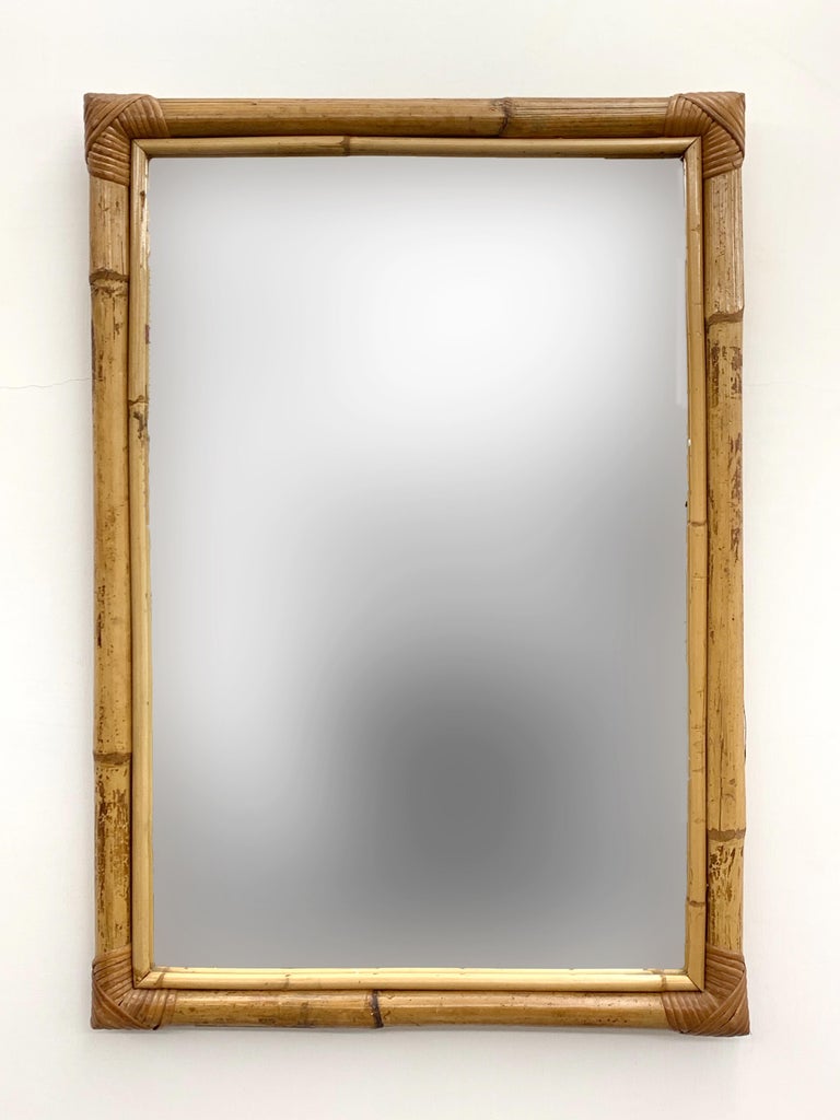Rectangular Mirror with Bamboo Wicker Woven Frame from the 1970s, Italy ...