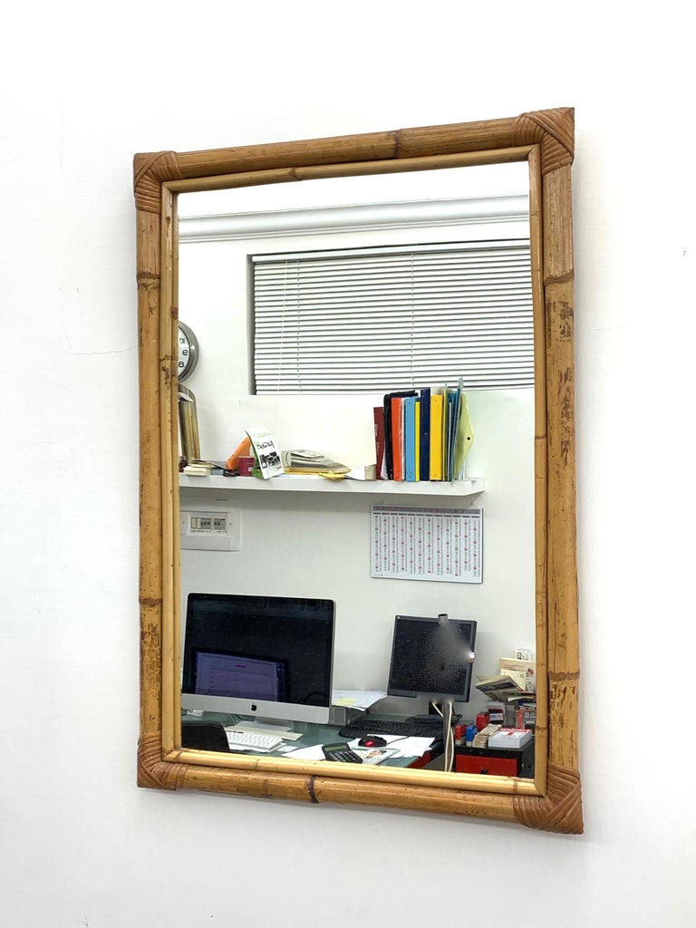 Rectangular Mirror with Bamboo Wicker Woven Frame from the 1970s, Italy ...
