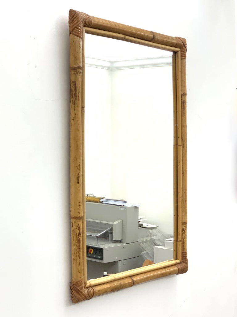 Rectangular Mirror with Bamboo Wicker Woven Frame from the 1970s, Italy ...