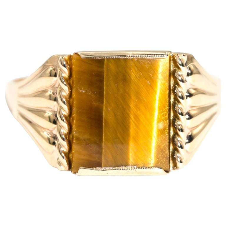 Rectangular Tigers Eye 9 Carat Yellow Gold Mens Vintage Signet Ring at ...