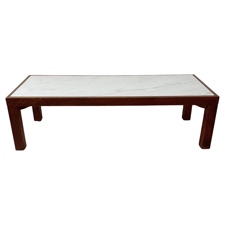 Rectangular Wood and White Marble Vintage Coffee Table For Sale at 1stDibs