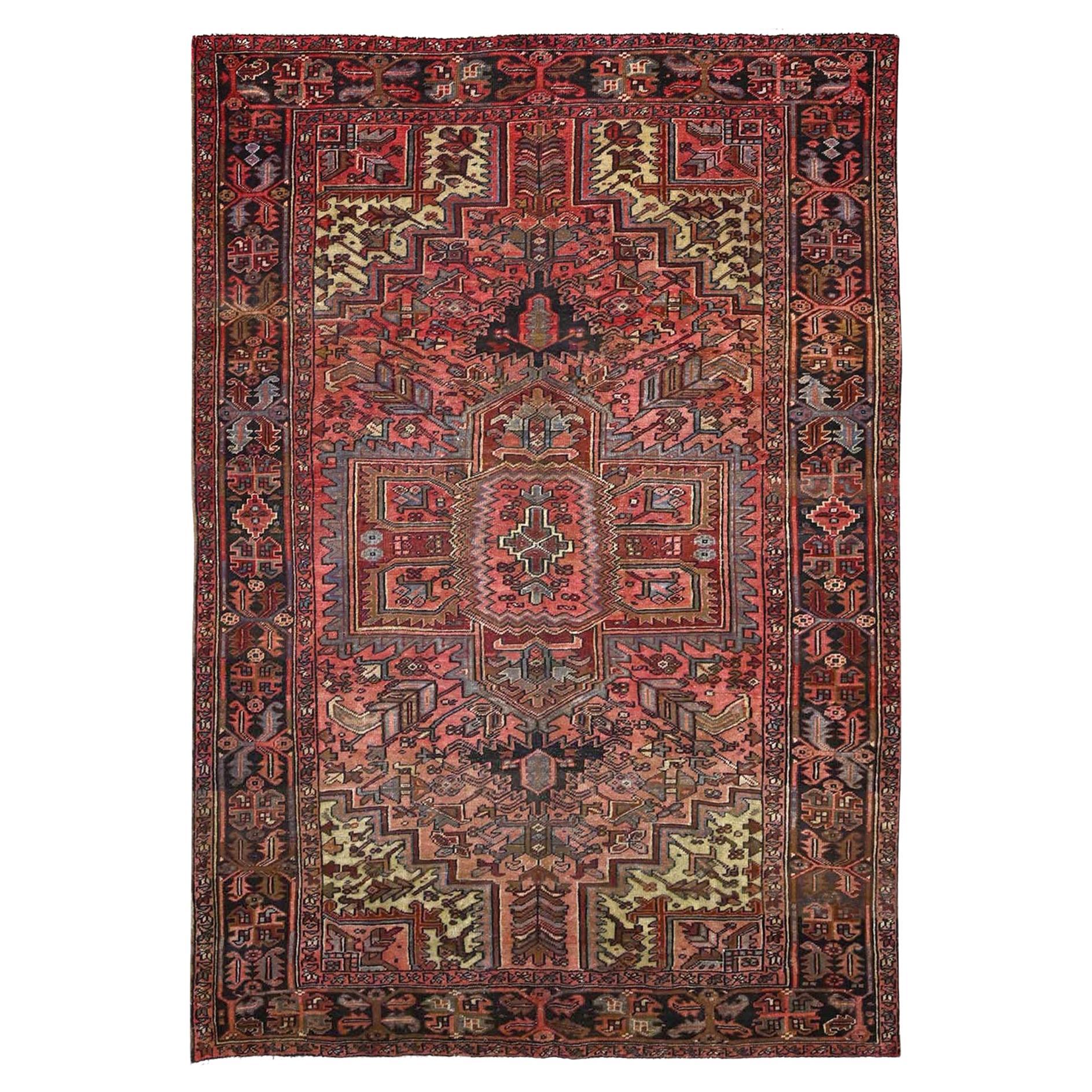 Red Clean Hand Knotted Vintage Persian Heriz Evenly Worn Pure Wool ...