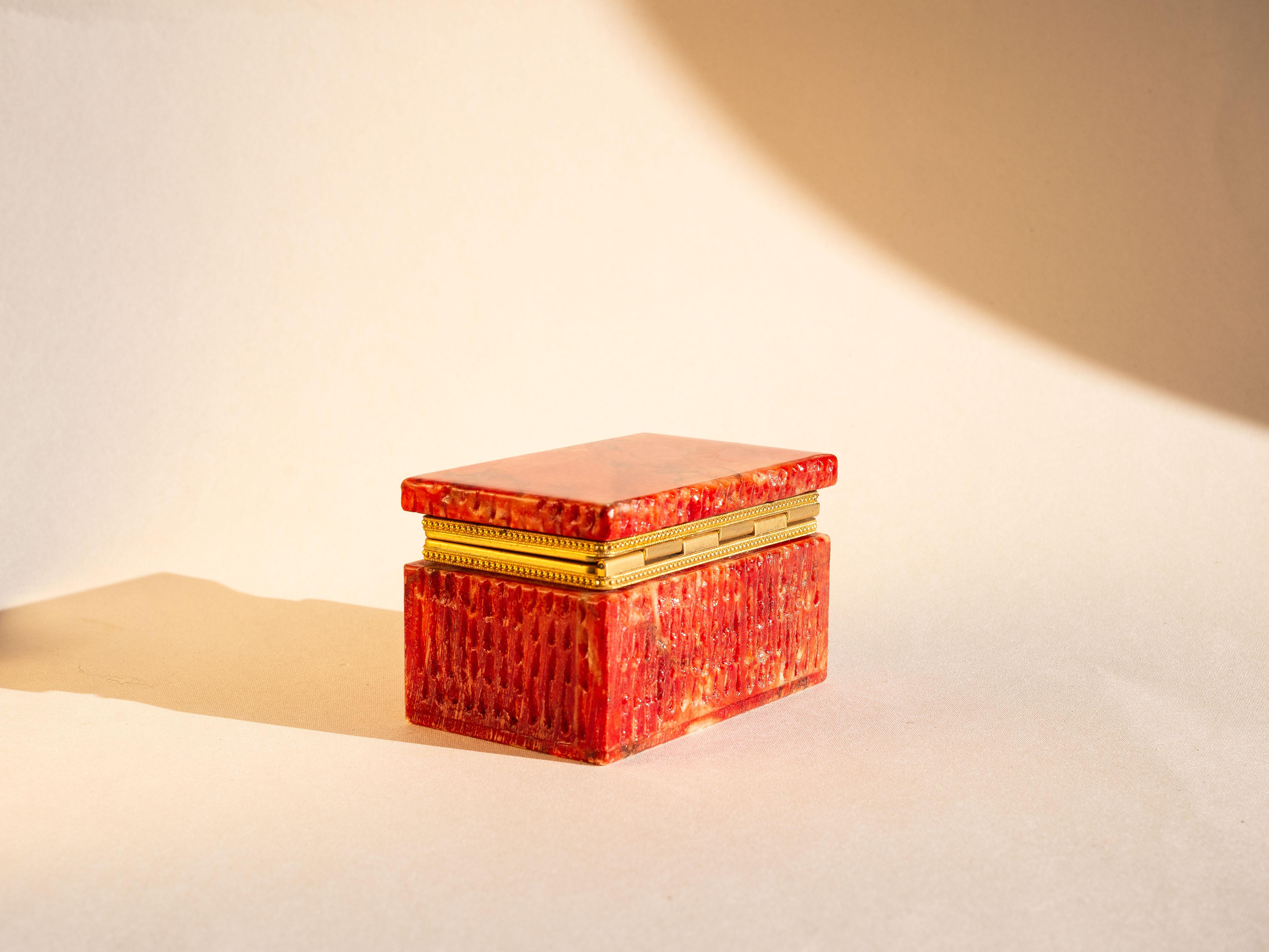 Red Alabaster and Brass Jewelry Box - Mineral Stone Box - Italy 1970s ...