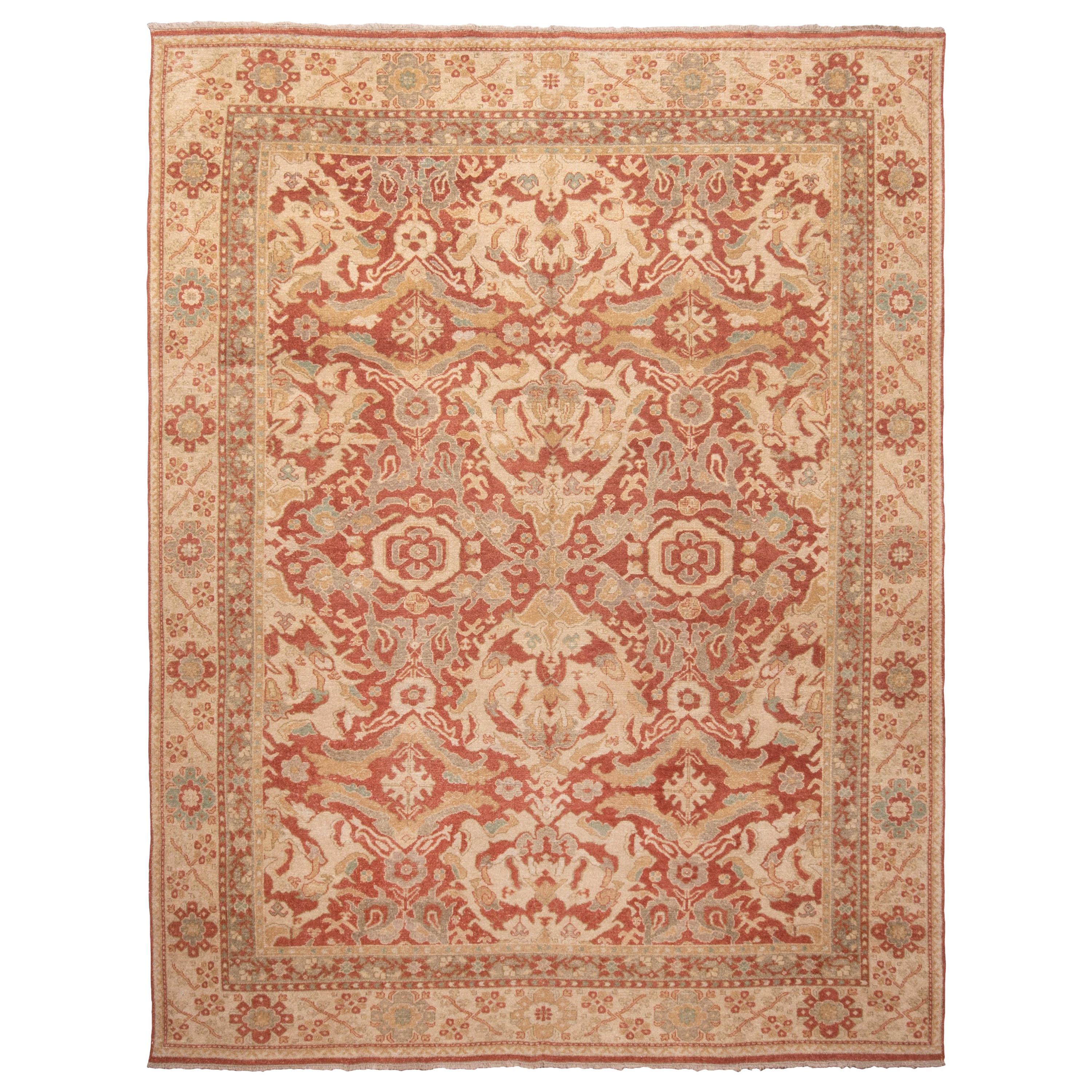 Beige and Red Wool and Silk Abstract Rug with Light Pink Accent Color ...