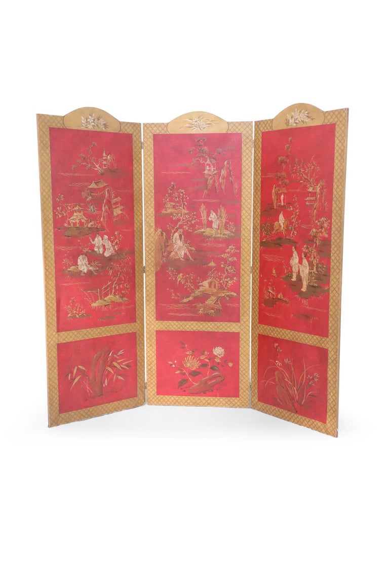 Red and Gold Chinoiserie Three Panel Screen For Sale at 1stDibs