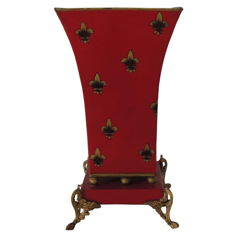 Red and Gold Tall Cachepot with Fleur-de-Lis Design at 1stDibs