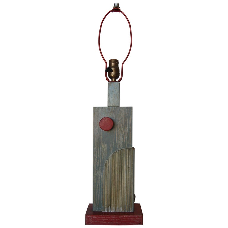 Red and Gray Carved Wood Midcentury Googie Table Lamp by Levinton at ...