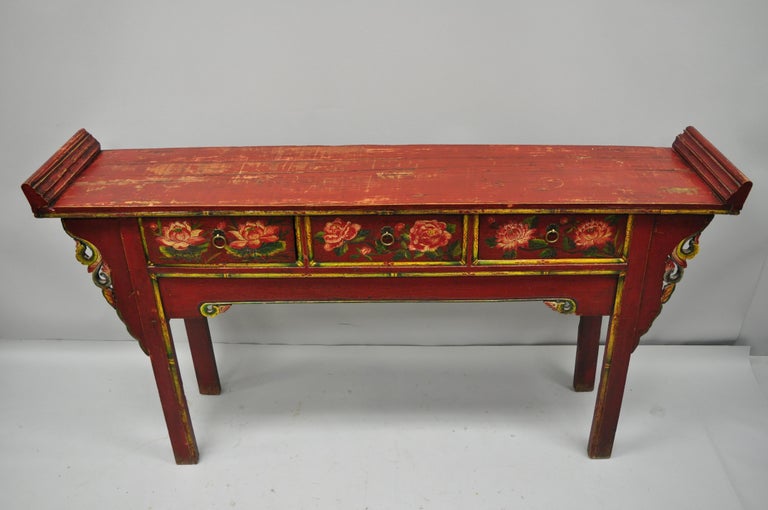 Red and Green Distress Painted Altar Console Mongolian Table Sideboard ...