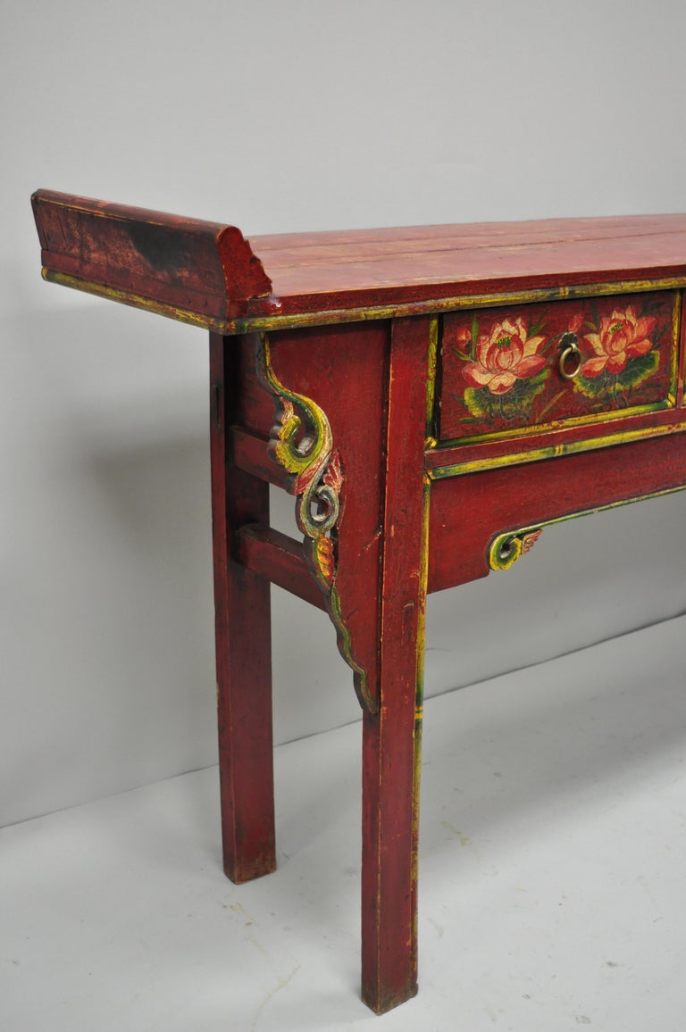 Red and Green Distress Painted Altar Console Mongolian Table Sideboard ...