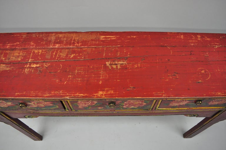 Red and Green Distress Painted Altar Console Mongolian Table Sideboard ...