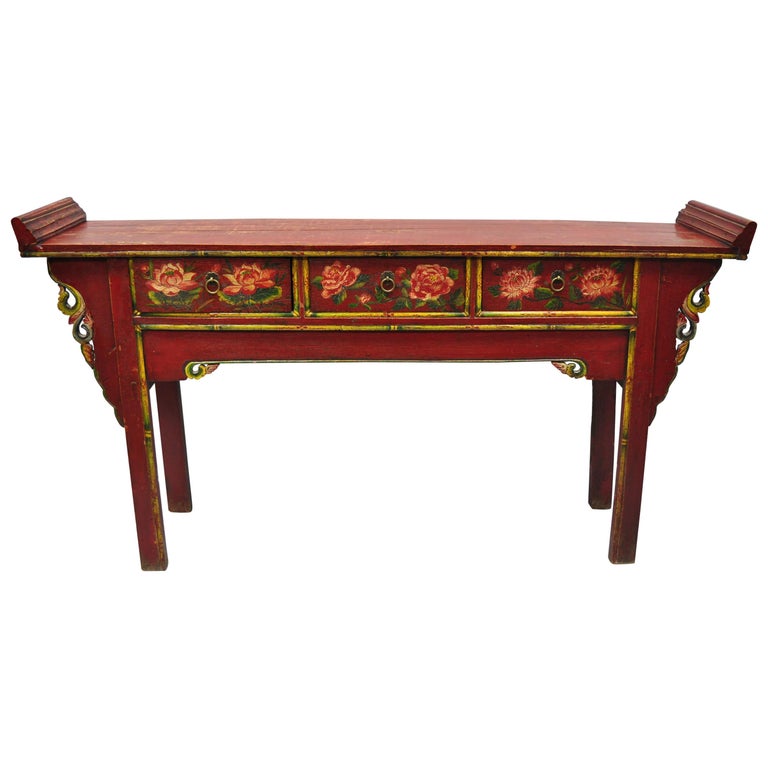 Red and Green Distress Painted Altar Console Mongolian Table Sideboard ...