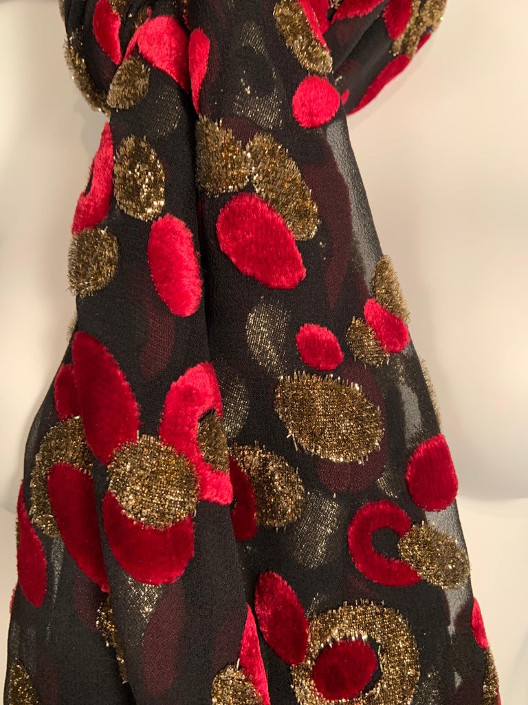 Red and Metallic Gold Voided Velvet on Sheer Black Silk Chiffon Shawl ...