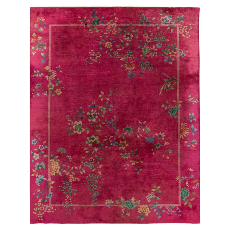 Red Antique Art Deco Chinese Handmade Wool Rug For Sale at 1stDibs