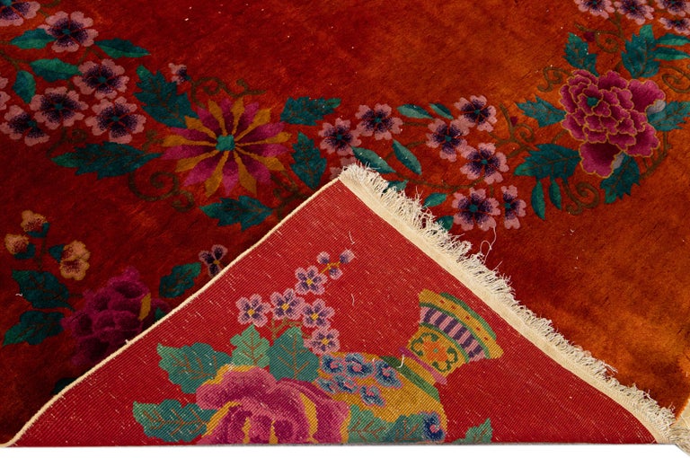 Red Antique Art Deco Handmade Chinese Floral Pattern Wool Rug For Sale ...
