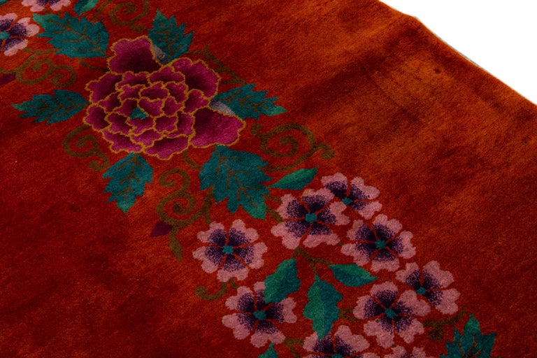 Red Antique Art Deco Handmade Chinese Floral Pattern Wool Rug For Sale ...