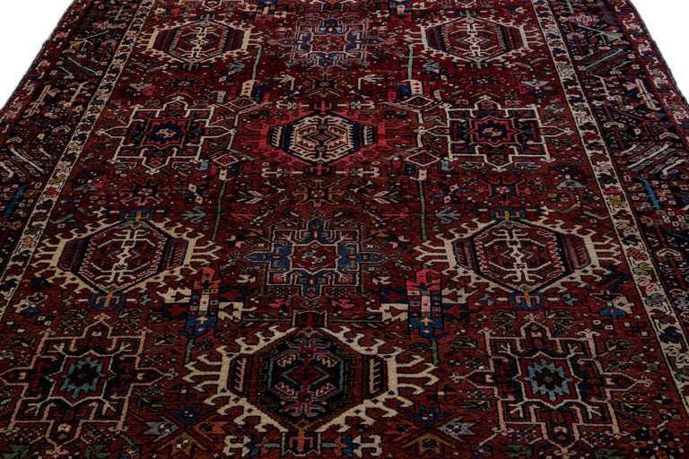 Red Antique Heriz Handmade Medallion Wool Rug For Sale at 1stDibs