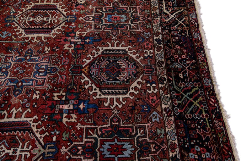Red Antique Heriz Handmade Medallion Wool Rug For Sale at 1stDibs
