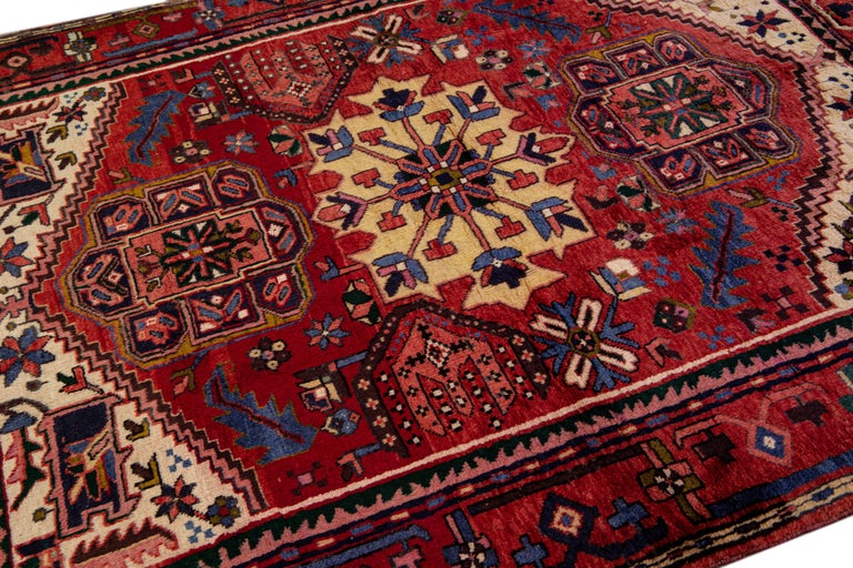 Red Antique Heriz Persian Handmade Medallion Square Wool Rug For Sale ...