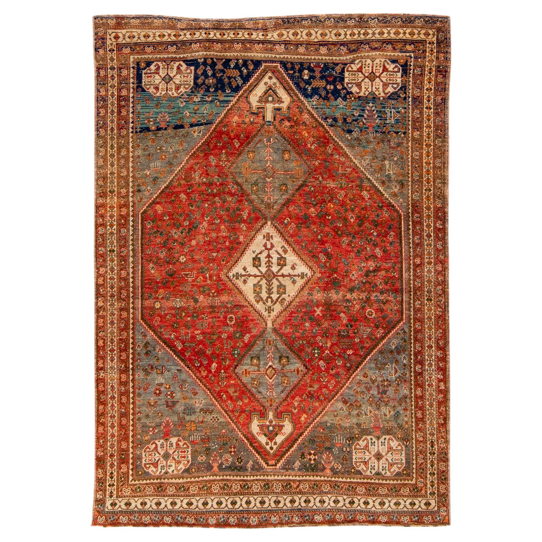 Antique Afshar Persian Rug Red Brown and Blue Geometric Pattern at 1stDibs