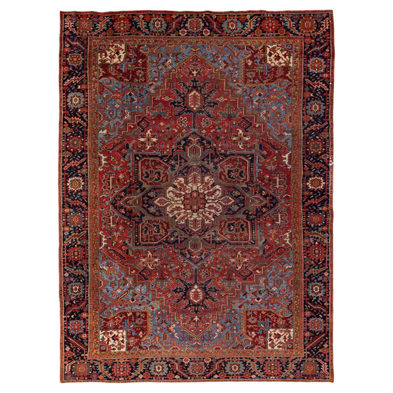 Red Antique Persian Heriz Handmade Medallion Designed Wool Rug For Sale ...