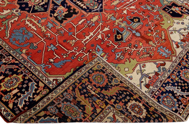 Red Antique Persian Serapi Handmade Wool Rug with Multicolor Medallion ...