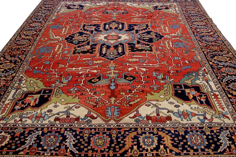 Red Antique Persian Serapi Handmade Wool Rug with Multicolor Medallion ...