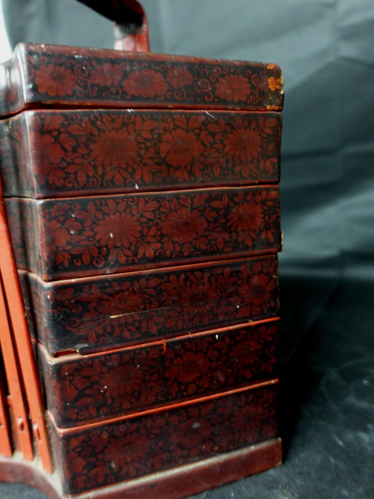 Red/Black-Lacquered Fan-Shape Five-Case Lunch Box, Ric.00034 For Sale ...