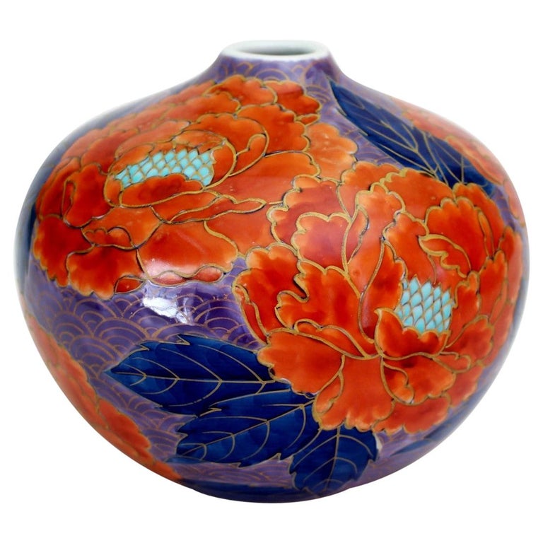 Red Blue Japanese Porcelain Vase by Japanese Master Artist at 1stDibs