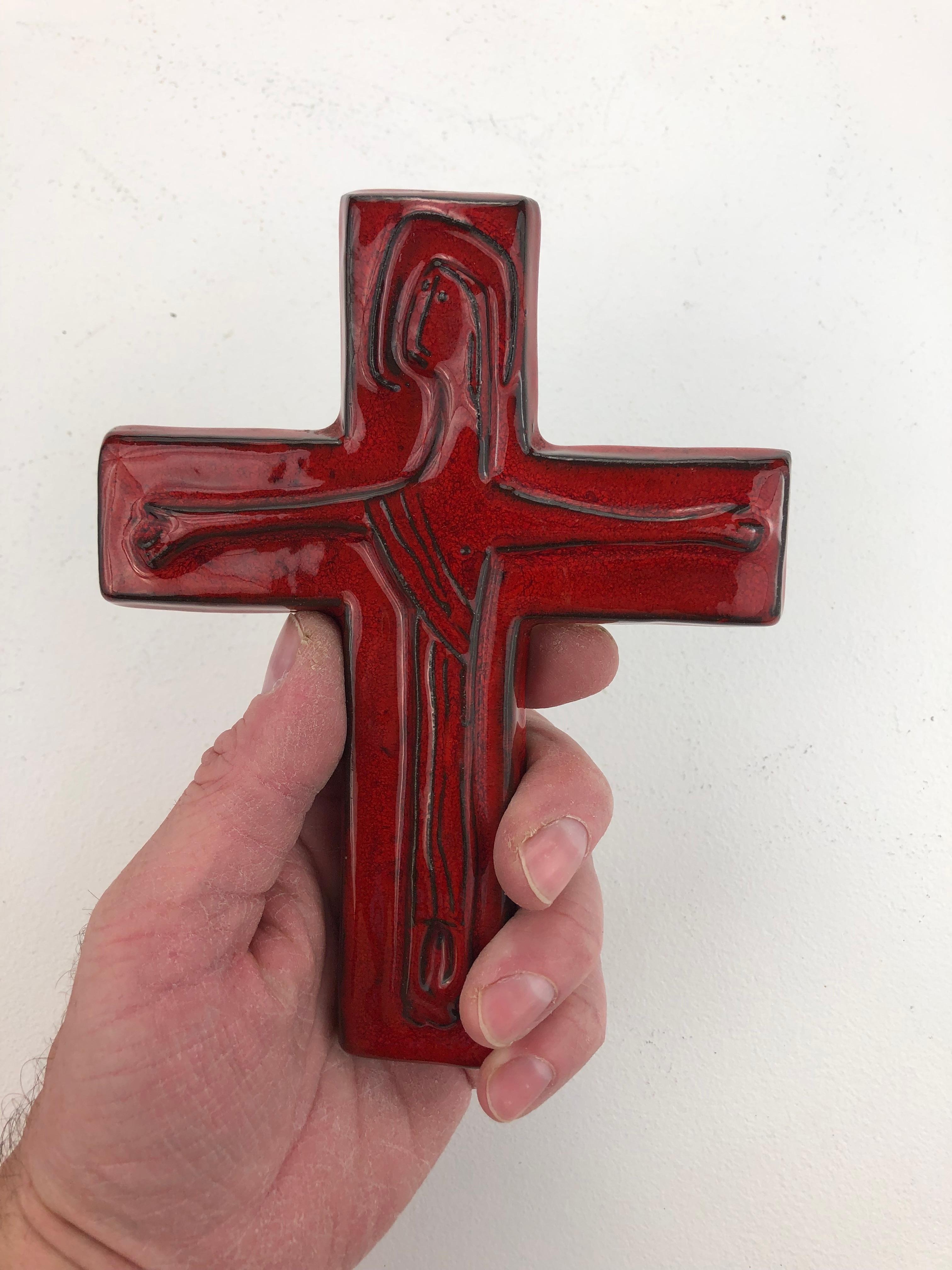 Red Ceramic Cross with Christ Figure, a Modernist Northern European ...