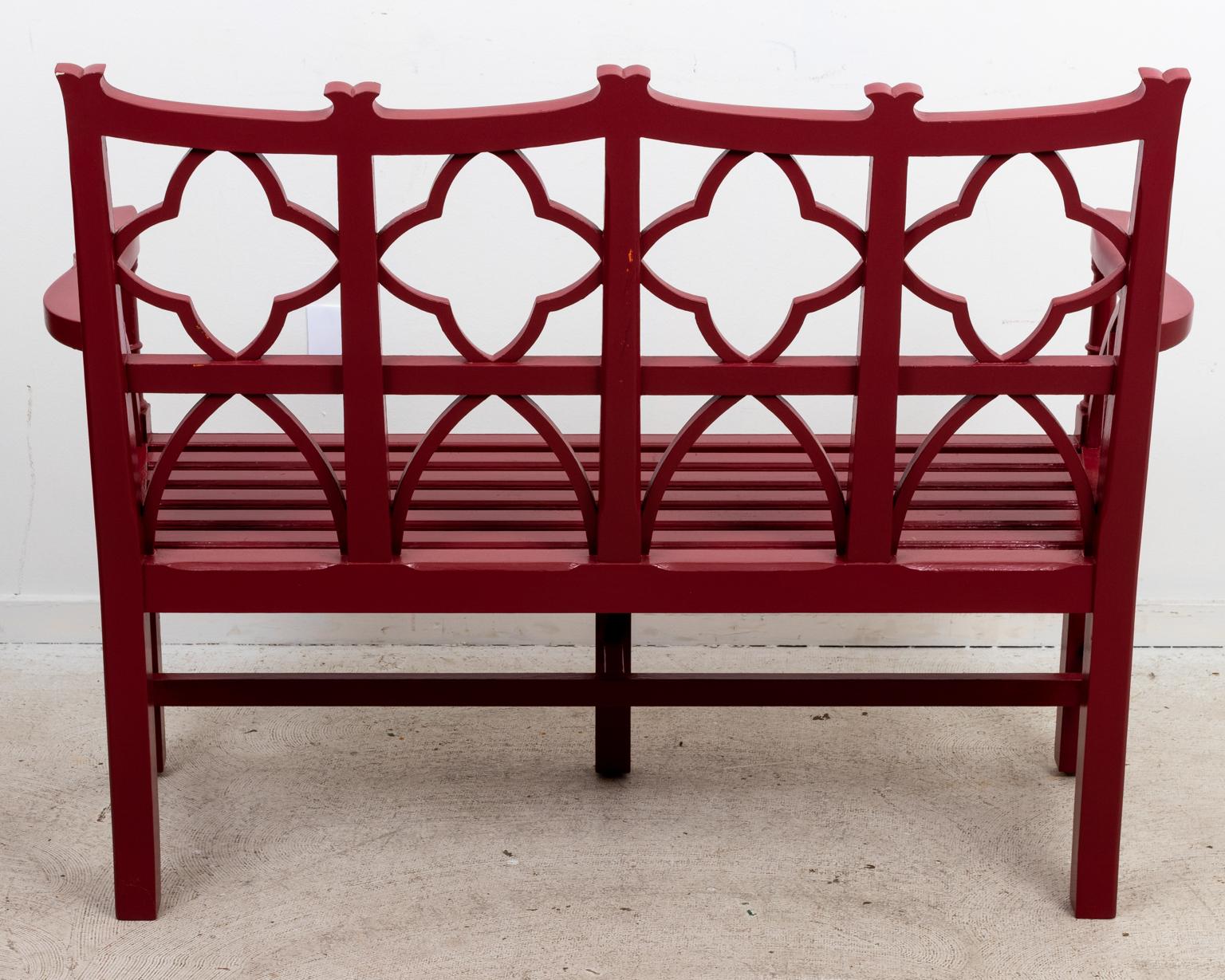 Red Chinese Chippendale Style Painted Bench For Sale at 1stDibs