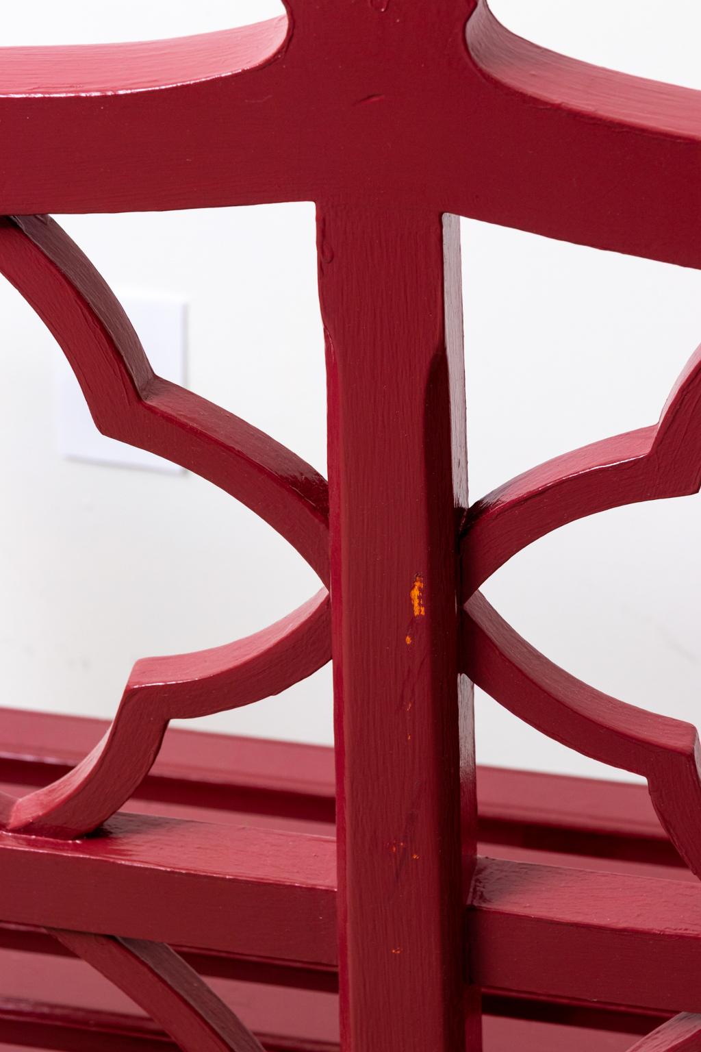 Red Chinese Chippendale Style Painted Bench For Sale at 1stDibs