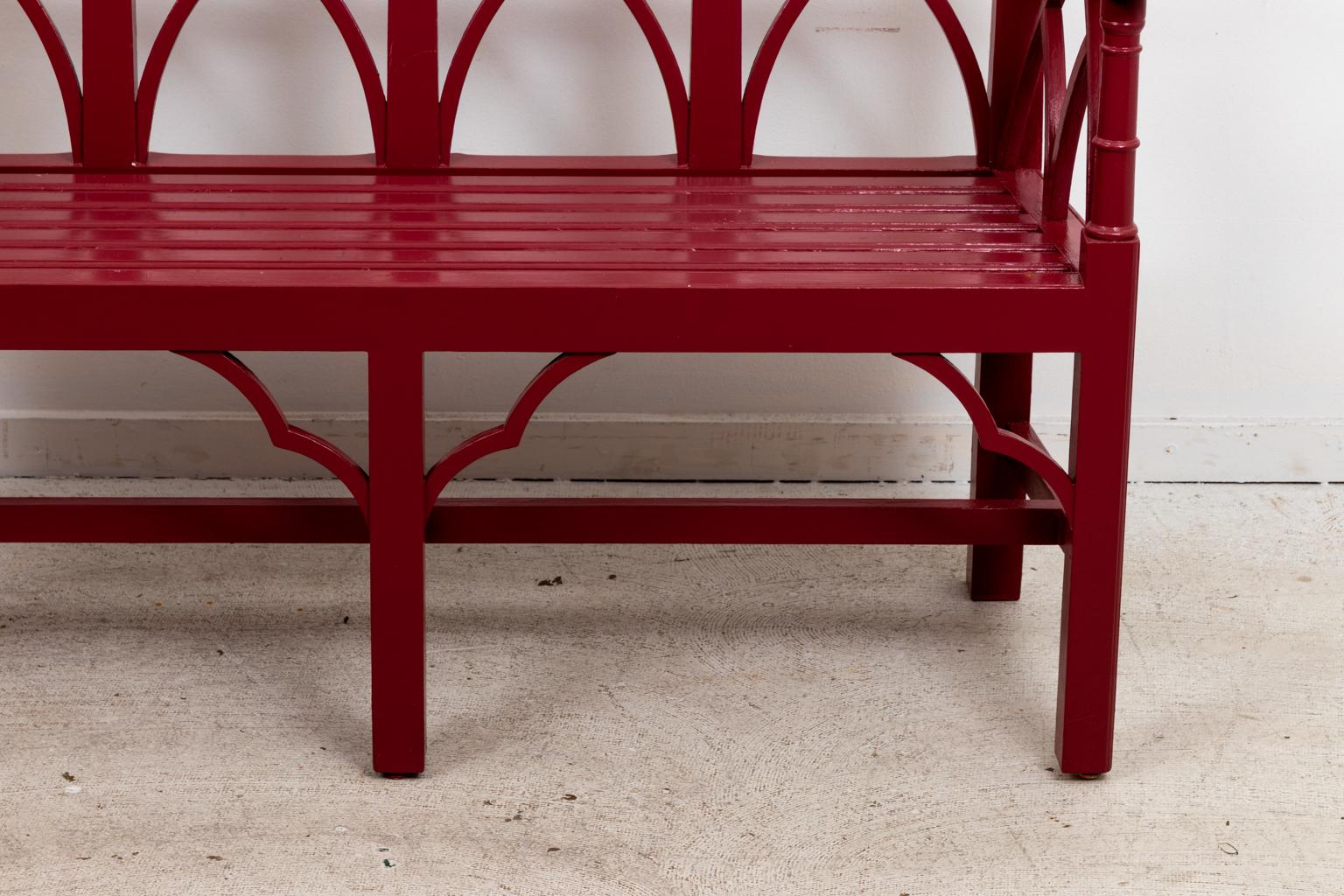 Red Chinese Chippendale Style Painted Bench For Sale at 1stDibs
